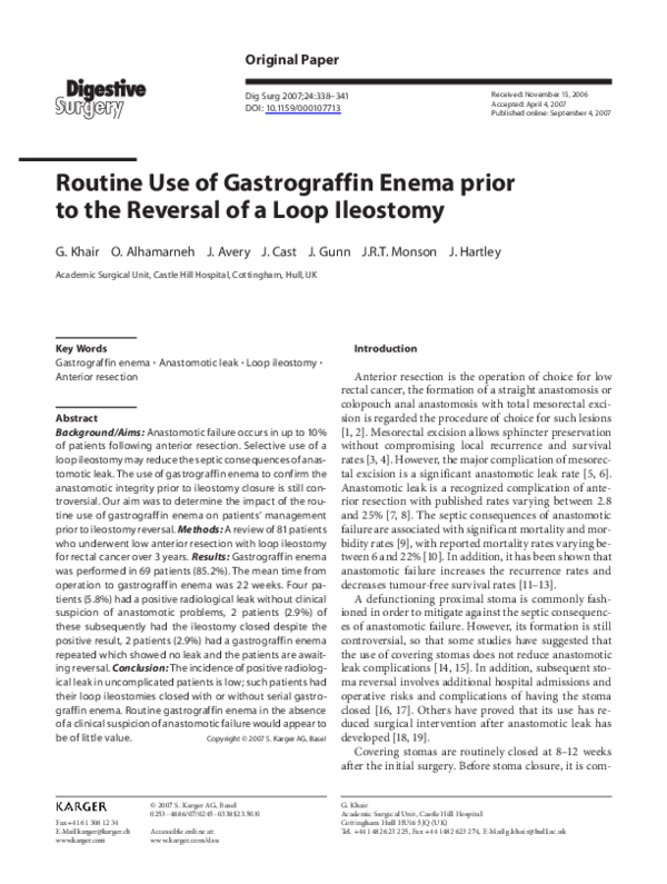 (PDF) Routine Use of Gastrograffin Enema prior to the Reversal of a Loop Ileostomy