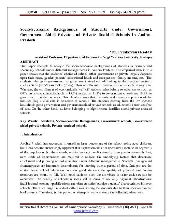 (PDF) Socio-Economic Backgrounds of Students under Government ...