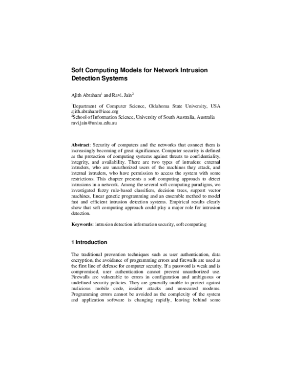 Pdf Soft Computing Models For Network Intrusion Detection Systems