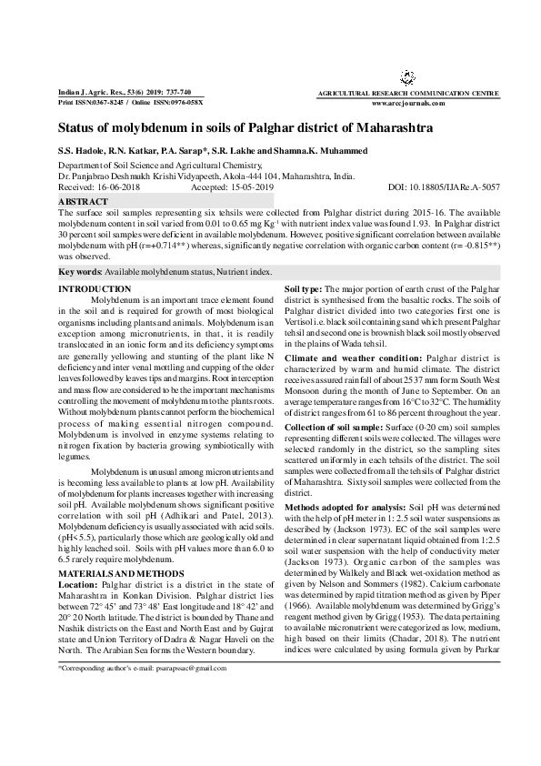 (PDF) Status of molybdenum in soils of Palghar district of Maharashtra