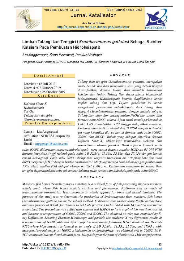 (PDF) Limbah Tulang Ikan Tenggiri (Scomberomorus guttatus) Sebagai Sumber Kalsium Pada Pembuatan ...
