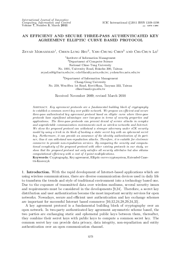 Pdf An Efficient And Secure Three Pass Authenticated Key Agreement Elliptic Curve Based Protocol