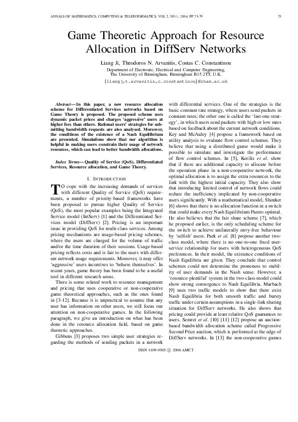 (PDF) Game Theoretic Approach for Resource Allocation in DiffServ Networks | Theodoros Arvanitis ...