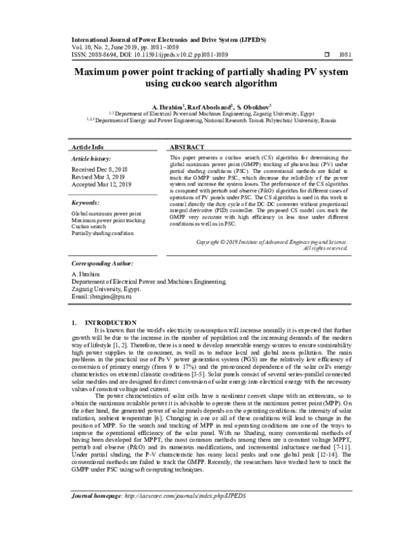 Pdf Maximum Power Point Tracking Of Partially Shaded Solar Pv System Using Modified Fibonacci