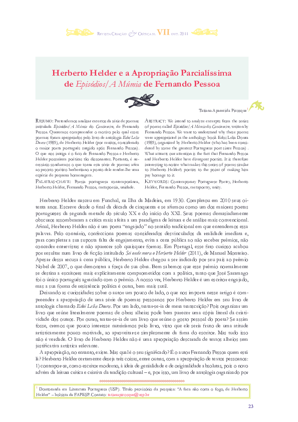 (PDF) Helberto Helder e a apropriação parcialíssima de Episódios / A ...