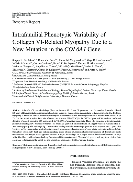 (PDF) Intrafamilial Phenotypic Variability of Collagen VI-Related Myopathy Due to a New Mutation ...