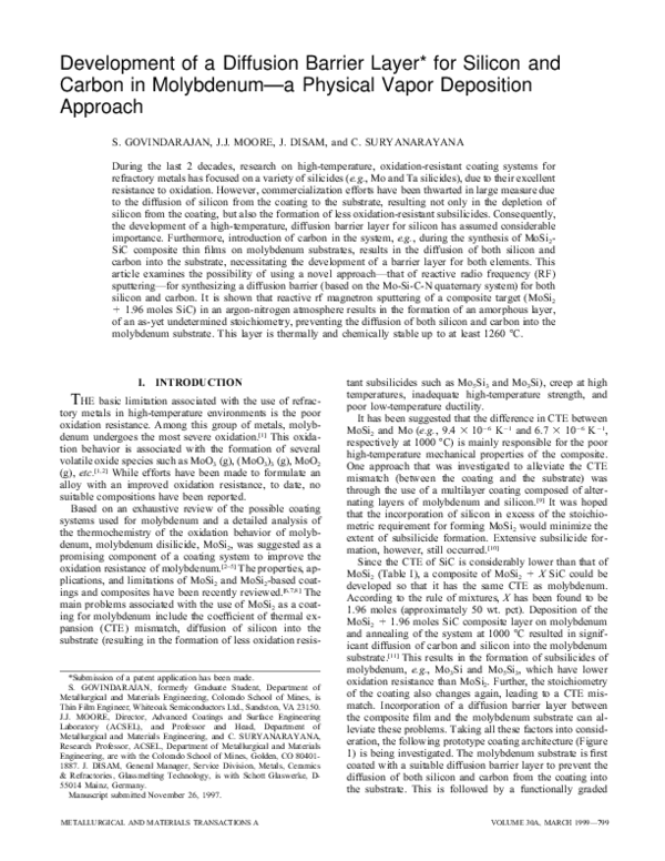 (PDF) Development of a diffusion barrier layer for silicon and carbon ...