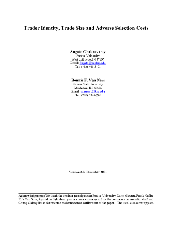 (PDF) Trader Identity, Trade Size and Adverse Selection Costs