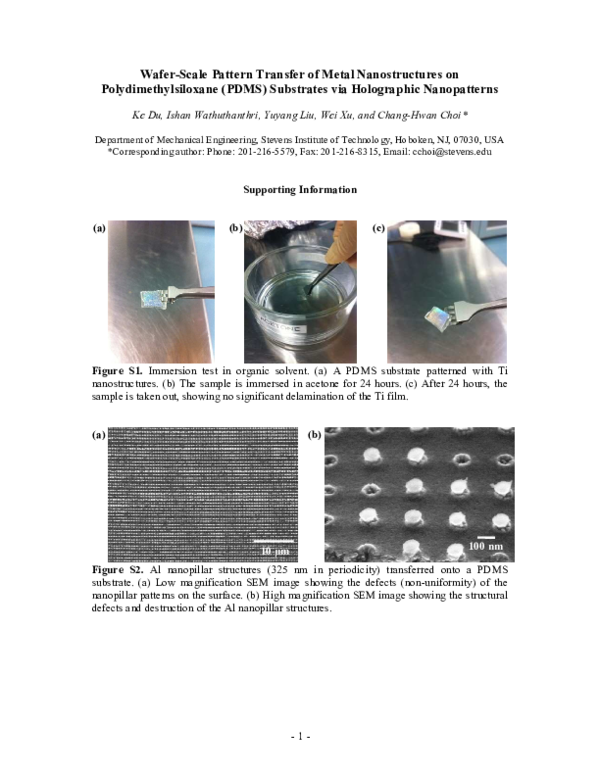 (PDF) Wafer-Scale Pattern Transfer of Metal Nanostructures on Polydimethylsiloxane (PDMS ...