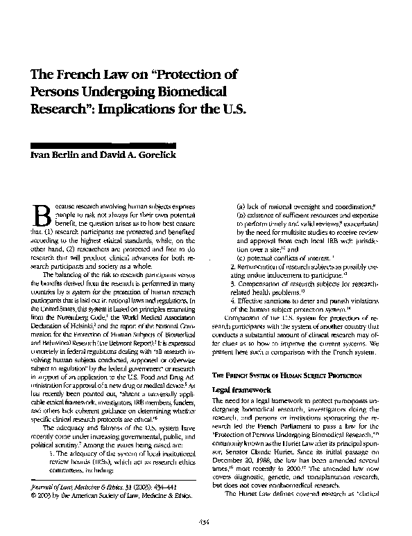 (PDF) The French Law on "Protection of Persons Undergoing Biomedical ...