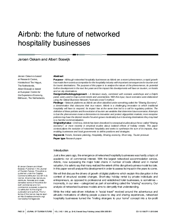 (PDF) Airbnb: the future of networked hospitality businesses