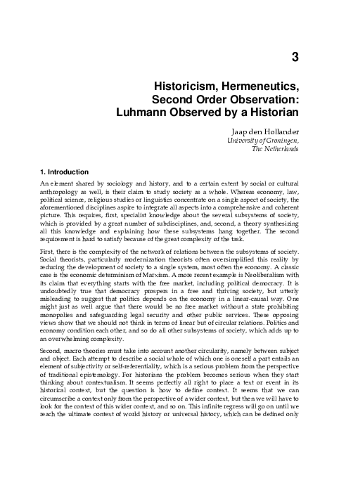 (PDF) Historicism, Hermeneutics, Second Order Observation: Luhmann ...