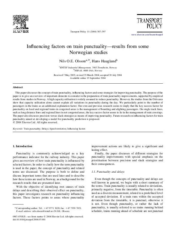 (PDF) Influencing factors on train punctuality—results from some ...