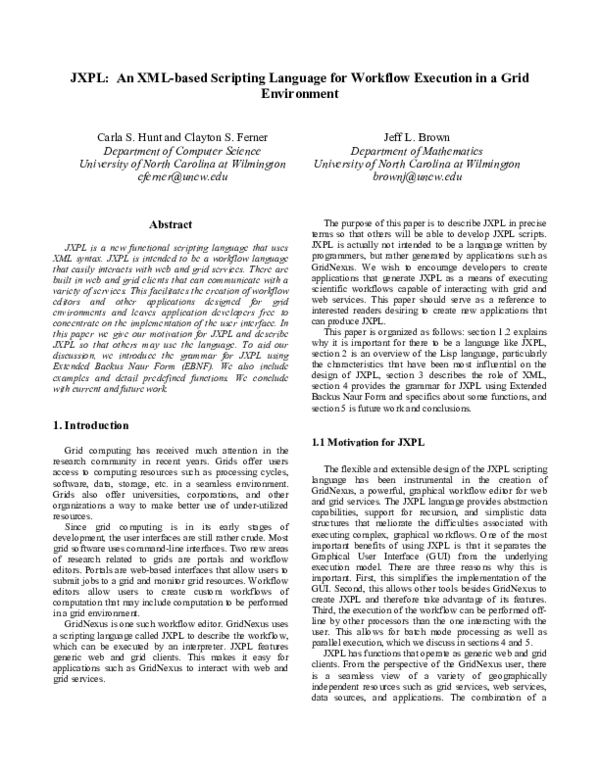 Pdf Jxpl An Xml Based Scripting Language For Workflow Execution In A Grid Environment Jeff