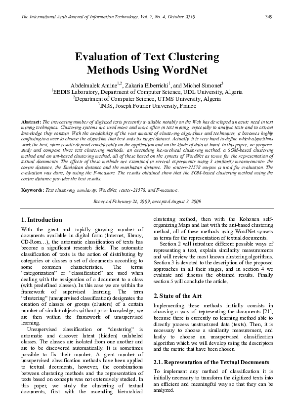 Pdf Evaluation Of Text Clustering Methods Using Wordnet