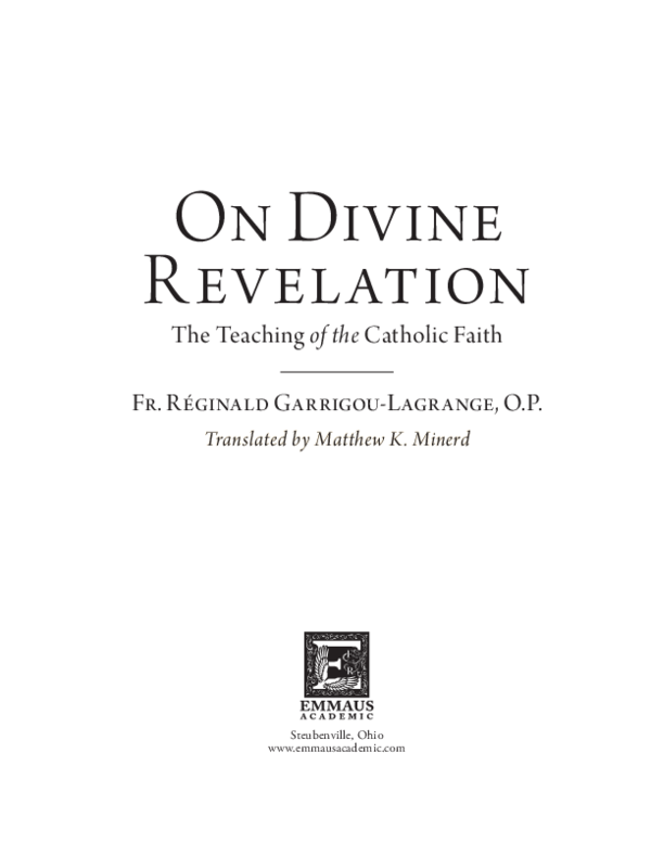 (PDF) Reginald Garrigou-Lagrange, On Divine Revelation (De Revelatione ...