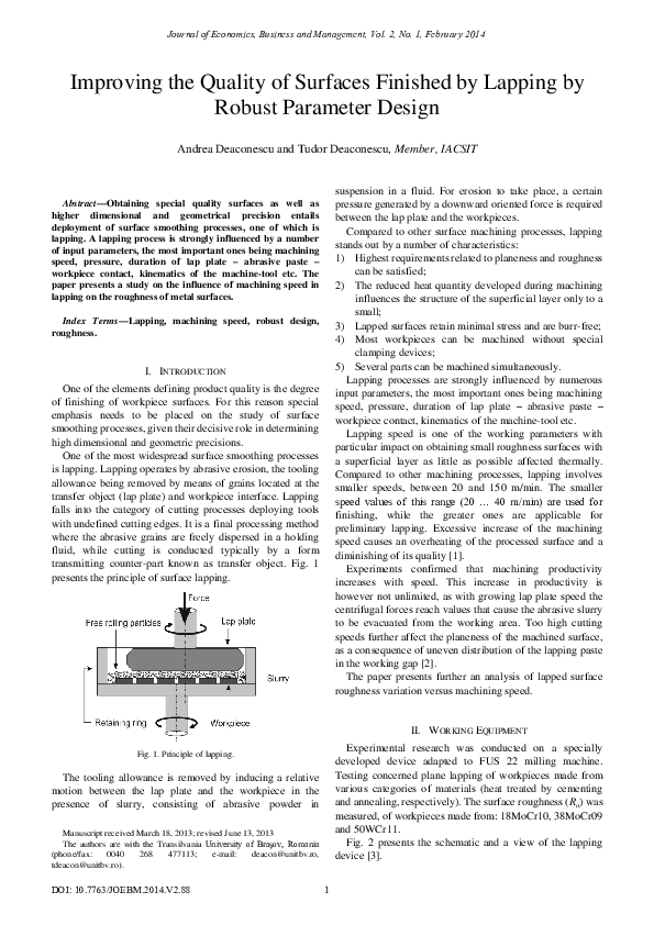 (PDF) Improving the Quality of Surfaces Finished by Lapping by Robust ...