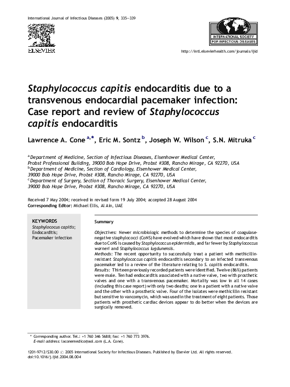 (PDF) Staphylococcus capitis endocarditis due to a transvenous ...