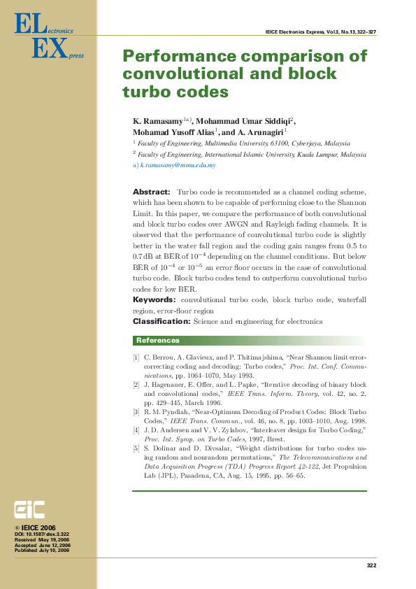 Pdf Performance Comparison Of Convolutional And Block Turbo Codes