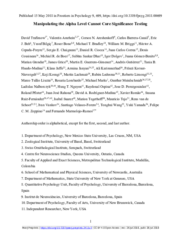 (PDF) Manipulating the Alpha Level Cannot Cure Significance Testing