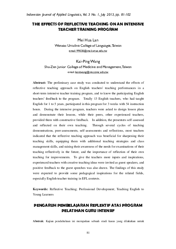 (PDF) The Effects of Reflective Teaching on an Intensive Teacher ...