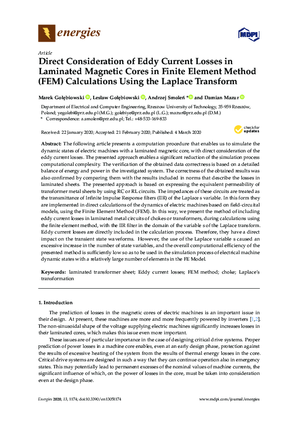 (PDF) Direct Consideration of Eddy Current Losses in Laminated Magnetic Cores in Finite Element ...