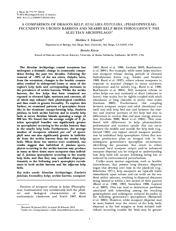 (PDF) A Comparison of Dragon Kelp, Eualaria Fistulosa, (Phaeophyceae ...