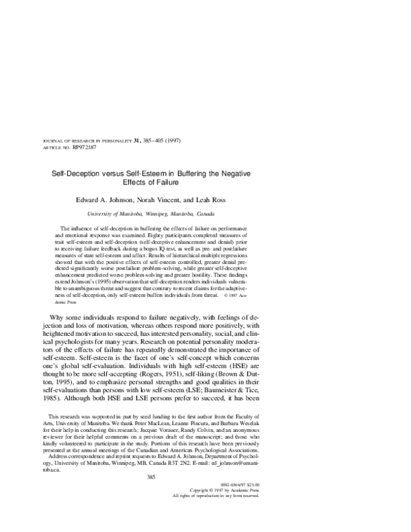 (PDF) Self-Deception versus Self-Esteem in Buffering the Negative ...