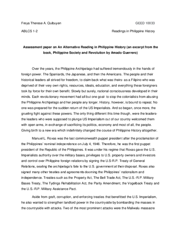 (PDF) Assessment paper on An Alternative Reading in Philippine History ...