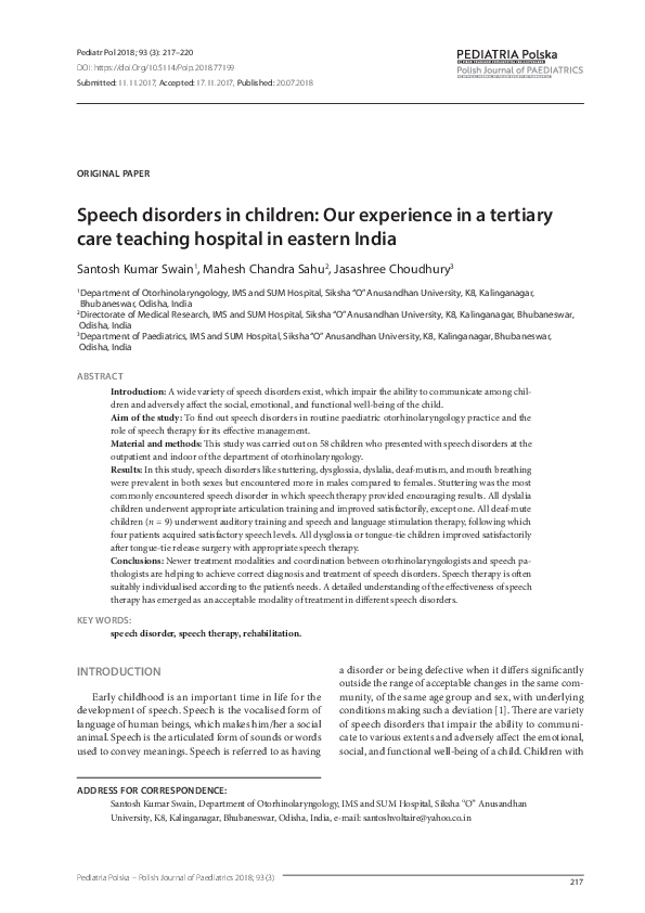 (PDF) Speech disorders in children: Our experience in a tertiary care ...