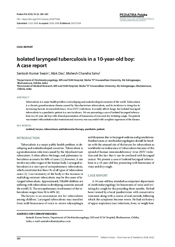 (PDF) Isolated laryngeal tuberculosis in a 10-year-old boy: A case report