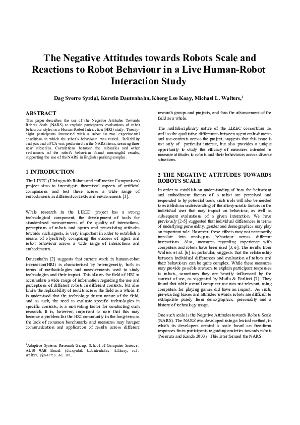 Pdf The Negative Attitudes Towards Robots Scale And Reactions To Robot Behaviour In A Live
