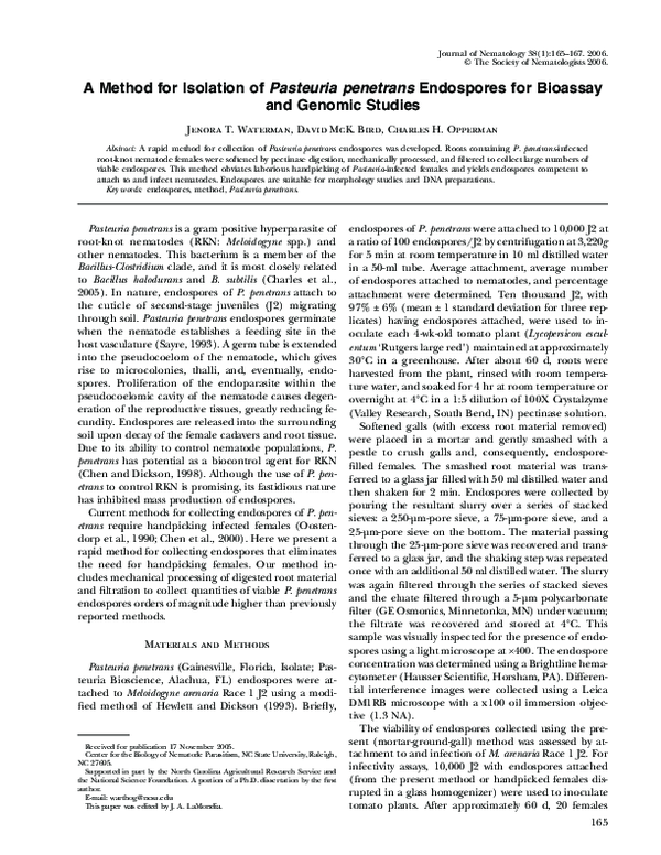 (PDF) A Method for Isolation of Pasteuria penetrans Endospores for ...