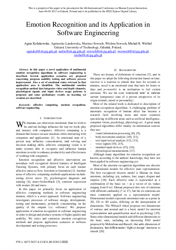 (PDF) Emotion recognition and its application in software engineering