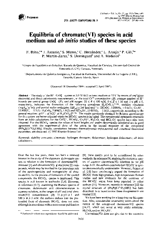 (PDF) Equilibria of chromate(VI) species in acid medium and ab initio ...