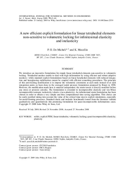 Pdf A New Efficient Explicit Formulation For Linear Tetrahedral Elements Non Sensitive To