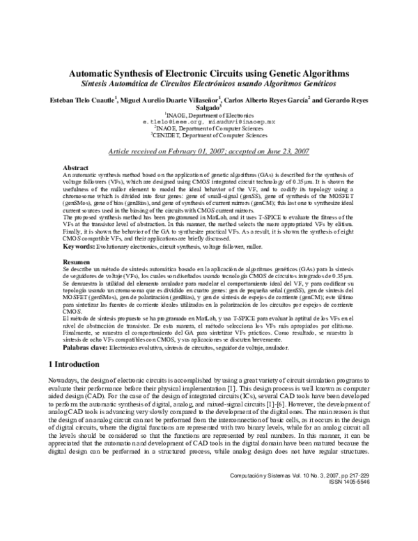 Pdf Automatic Synthesis Of Electronic Circuits Using Genetic Algorithms Computación Y Sistemas