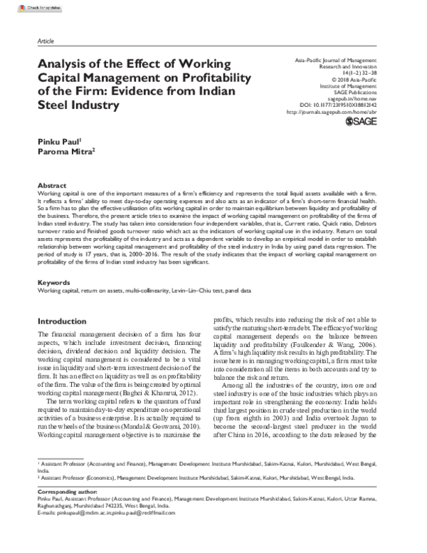(PDF) Analysis of the Effect of Working Capital Management on Profitability of the Firm ...