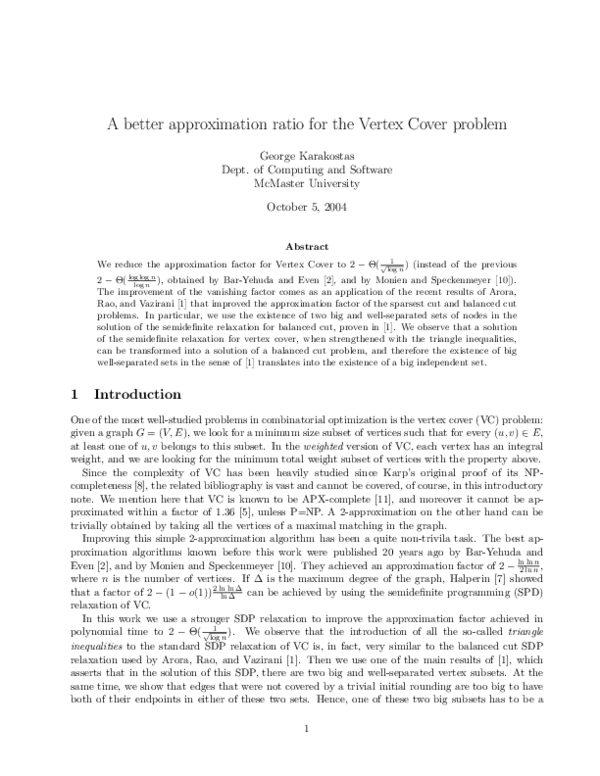 (PDF) A better approximation ratio for the vertex cover problem | George Karakostas - Academia.edu