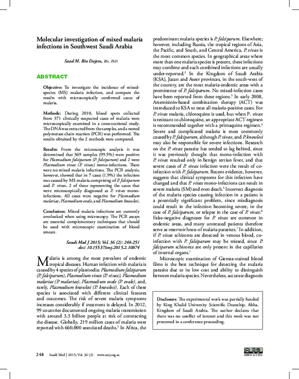 (PDF) Molecular investigation of mixed malaria infections in Southwest ...