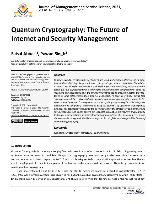 (PDF) Quantum Cryptography: The Future of Internet and Security Management