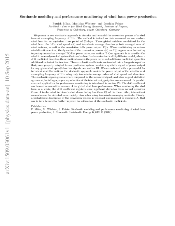 Pdf Stochastic Modeling And Performance Monitoring Of Wind Farm Power Production
