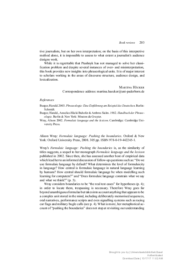 (PDF) Alison Wray: Formulaic language: Pushing the boundaries