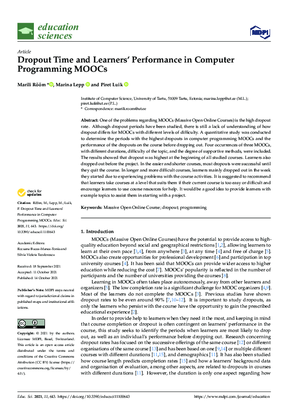 (PDF) Dropout Time and Learners’ Performance in Computer Programming MOOCs | Marina Lepp ...