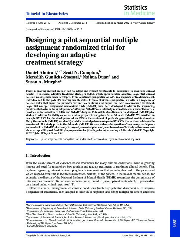 (PDF) Designing a pilot sequential multiple assignment randomized trial for developing an ...