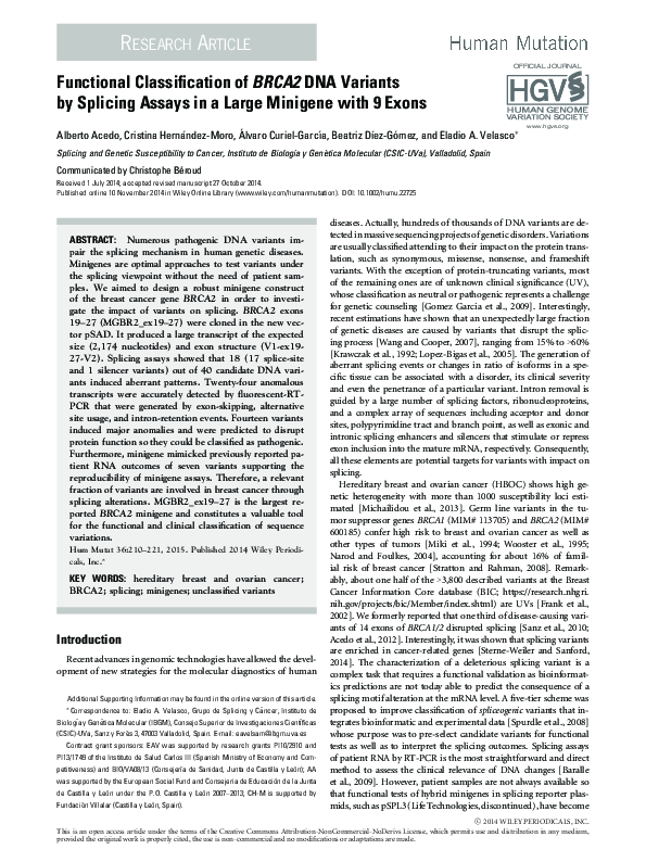 (PDF) Functional Classification of BRCA2 DNA Variants by Splicing ...