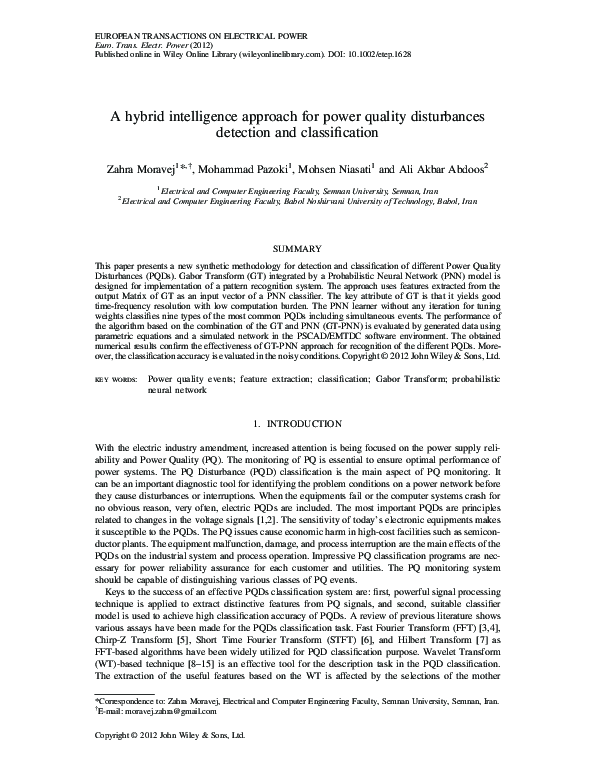 Pdf A Hybrid Intelligence Approach For Power Quality Disturbances Detection And Classification