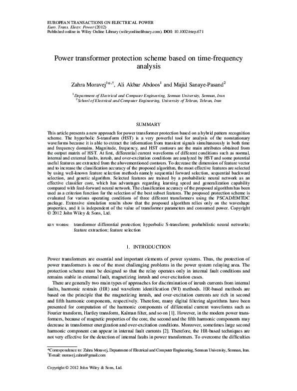 (PDF) Power transformer protection scheme based on time-frequency analysis