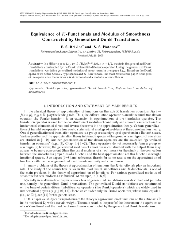 (PDF) Equivalence of K-functionals and modulus of smoothness constructed by generalized Dunkl ...