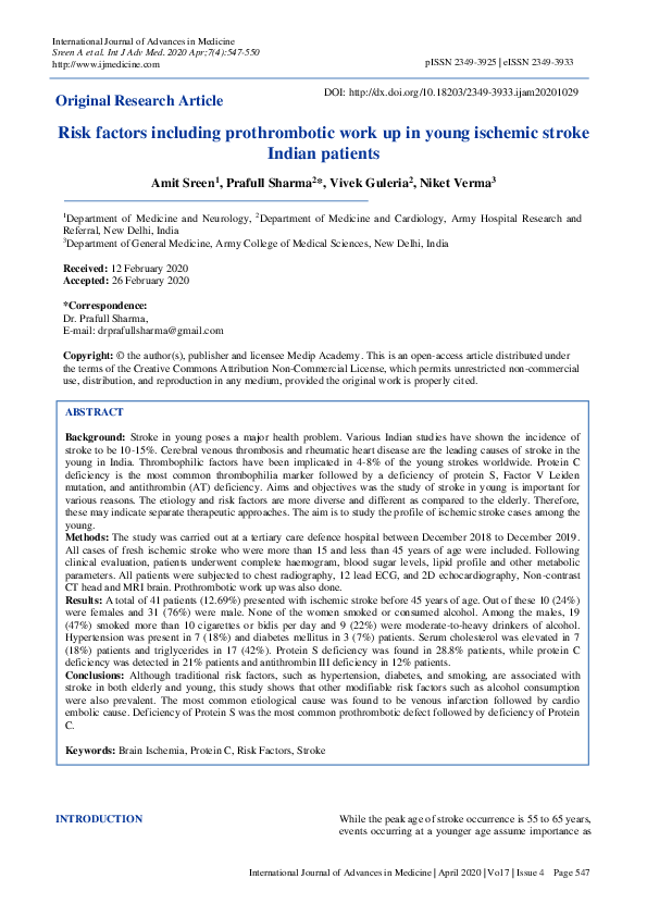 (PDF) Risk factors including prothrombotic work up in young ischemic ...